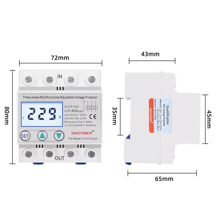 SINOTIMER STVP-932 50A 3-phase 380V LCD Self-resetting Adjustable Surg ...